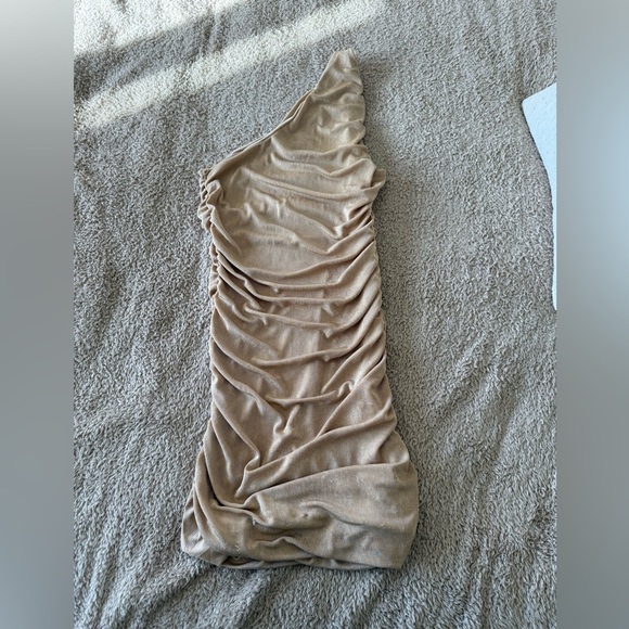 Dresses | Gold Bodycon Ruched Dress Size Medium | Poshmark